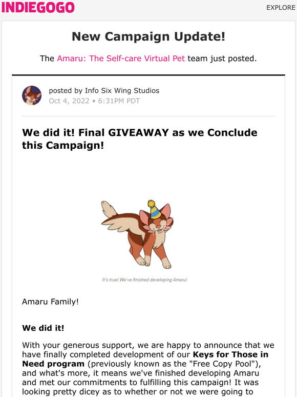 Indiegogo: 📢 Update #40 from Amaru: The Self-care Virtual Pet | Milled