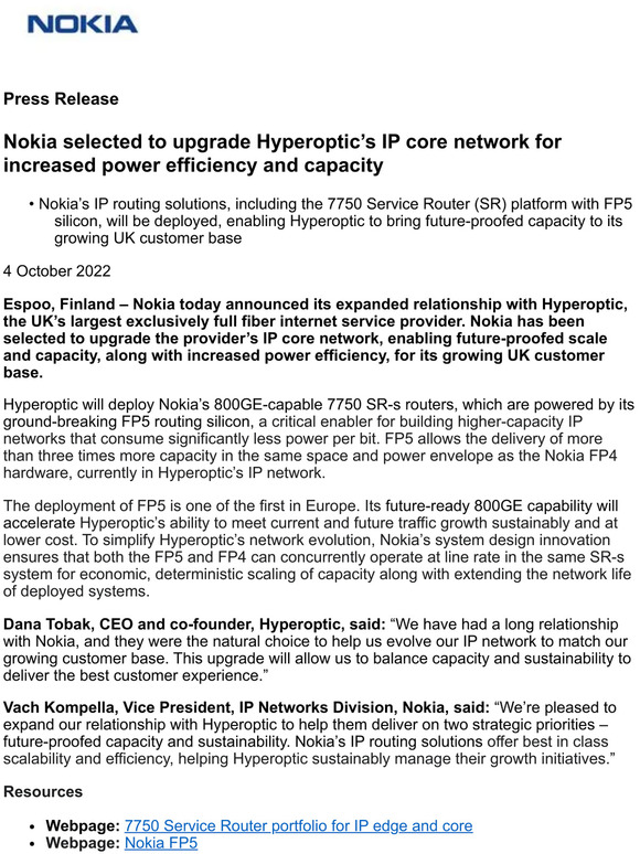 Withings: Nokia selected to upgrade Hyperoptic’s IP core network for ...
