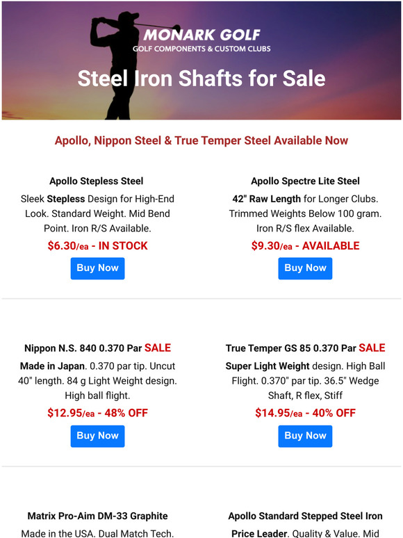 Monark Golf Supply Inc: Apollo, Nippon Steel & True Temper Steel Shafts ...