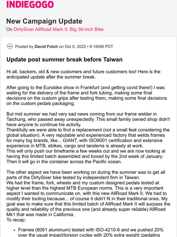 Indiegogo: 📢 Update #12 from DirtySixer AllRoad Mark II: Big 36-inch ...