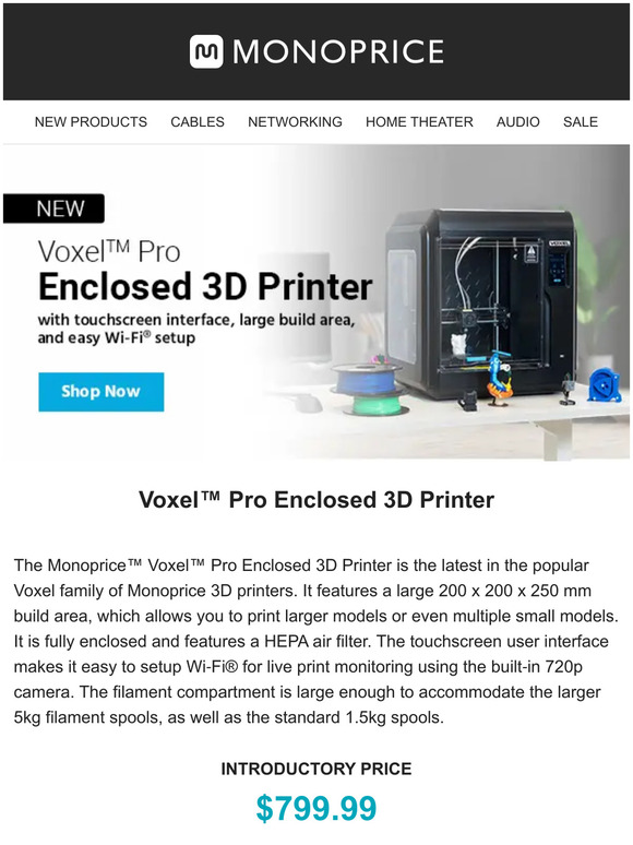 Monoprice: NEW + Save $100 | Voxel Pro Enclosed 3D Printer | Milled