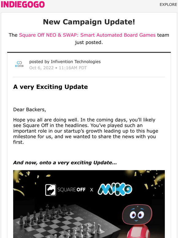 Indiegogo: 📢 Update #32 from Square Off NEO & SWAP: Smart Automated ...