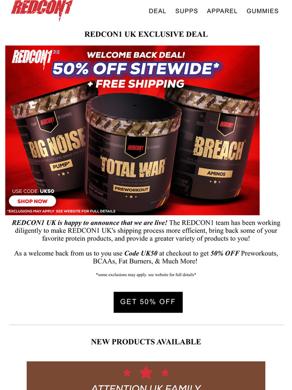 Redcon1: Get 50% OFF*🎉 REDCON1 UK's Grand Re-Opening! | Milled