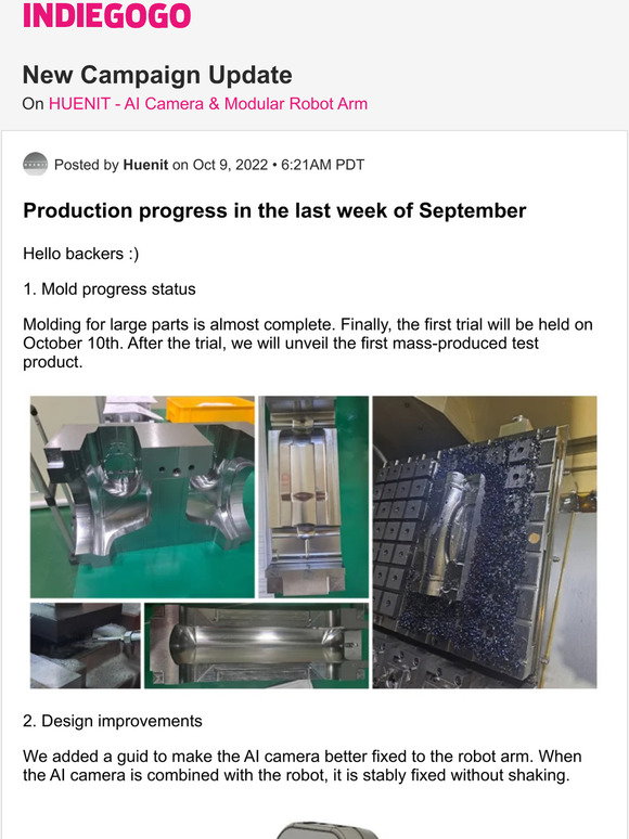 Indiegogo: 📢 Update #11 from HUENIT - AI Camera & Modular Robot Arm ...