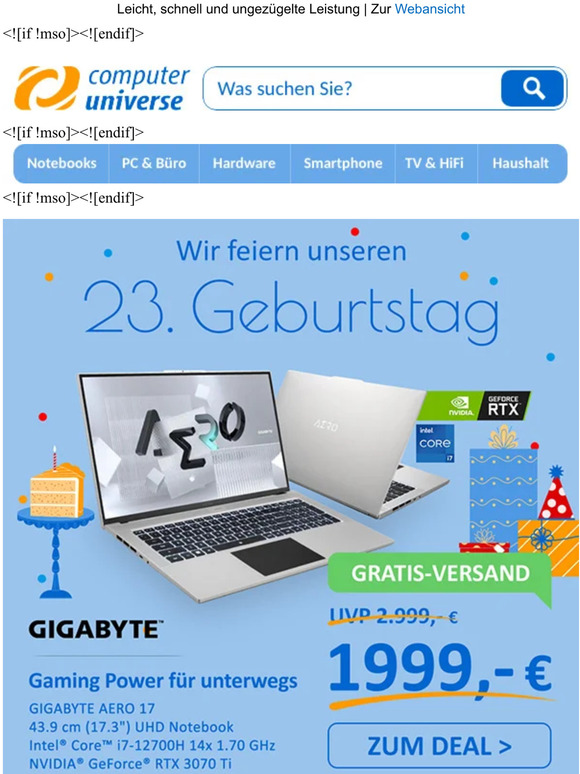 Computeruniverse: Nur heute - Notebook der Extraklasse mit NVIDIA GeForce RTX 3070 Ti im Angebot ...