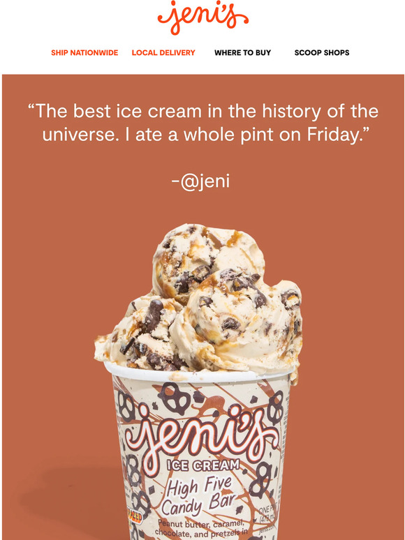 Jeni's Ice Cream: Up high for High Five Candy Bar 🙌 | Milled