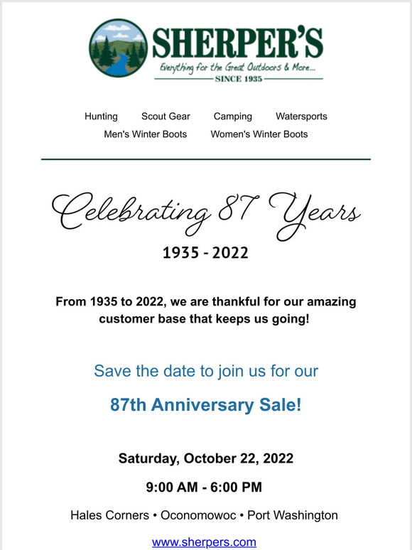 Sherper's: 🎉 Save the Date for Sherper's 87th Anniversary Sale! | Milled