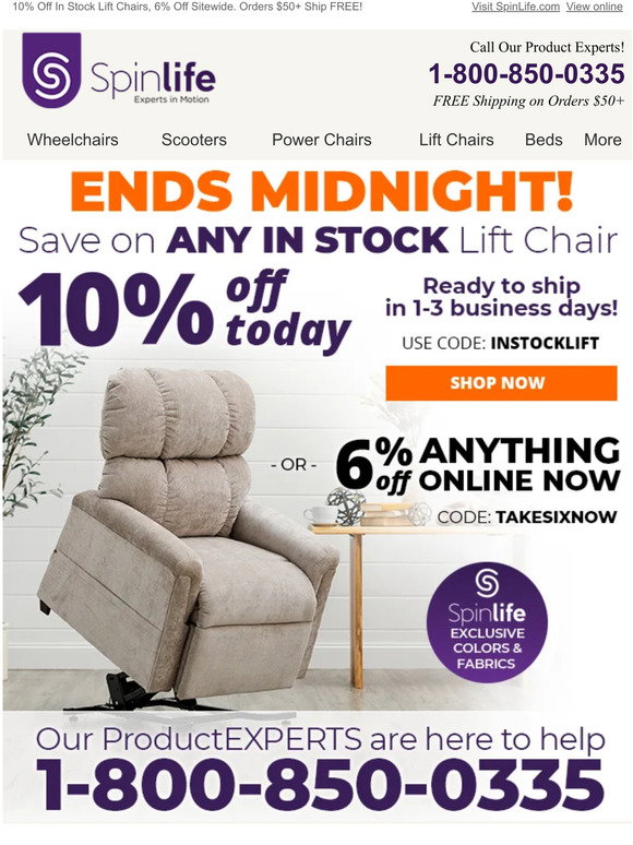 SpinLife: Ends Midnight - In Stock Lift Chair Savings! | Milled