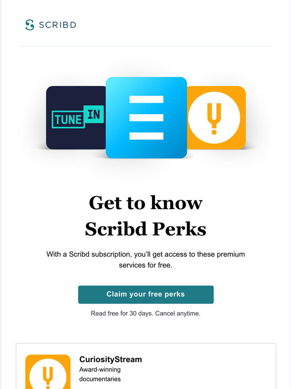 Scribd: Scribd Perks give you free access to CuriosityStream, ConTV ...