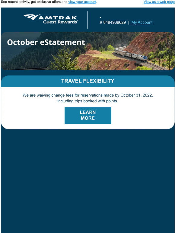 Amtrak: —, your October eStatement has arrived. Deals, earning points ...
