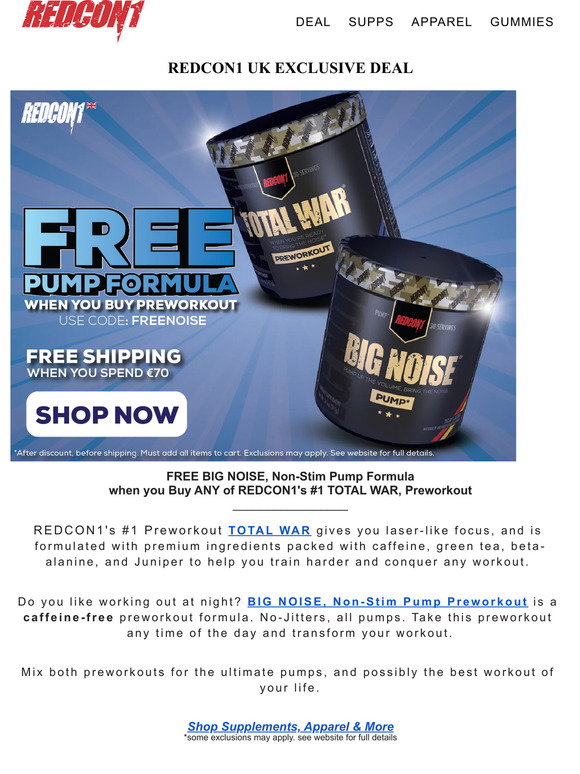 Redcon1: 🔥FREE Pump Formula when you buy TOTAL WAR Preworkout | Milled