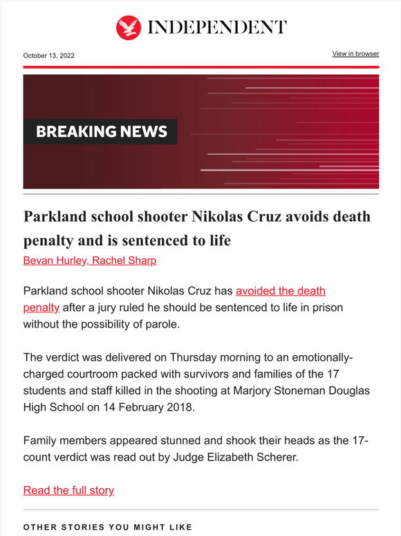 The Independent: Parkland school shooter Nikolas Cruz sentenced to life ...
