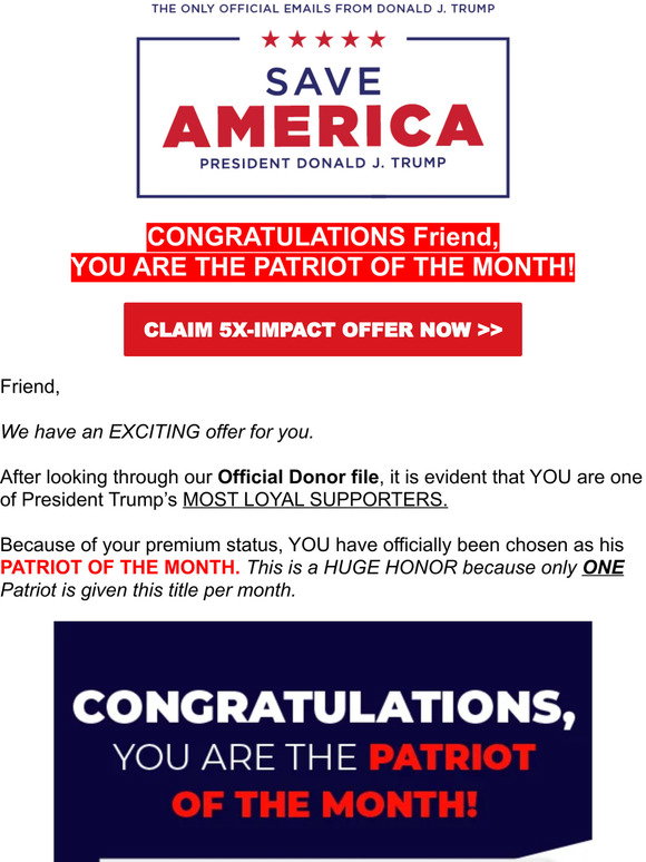Donald J. Trump: Congratulations on winning Patriot of the Month. | Milled