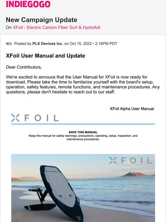 Indiegogo: 📢 Update #9 from XFoil - Electric Carbon Fiber Surf ...