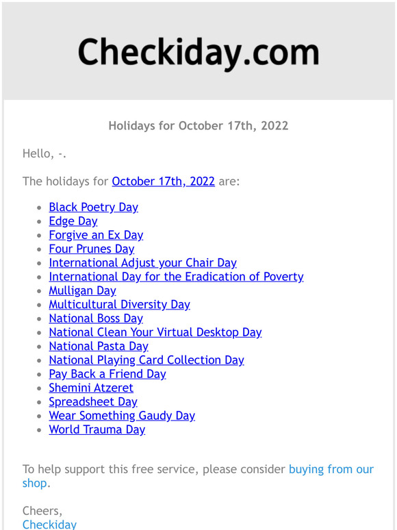 Checkiday: Holidays for October 17th, 2022! 📅🎉 | Milled