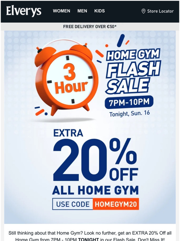 Elverys Sports: TONIGHT 7-10PM | Extra 20% Off Home Gym 💥 | Milled