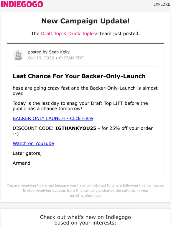 Indiegogo: 📢 Update #15 from Draft Top & Drink Topless | Milled