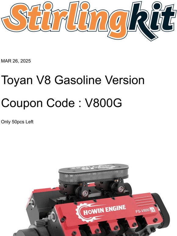 Stirlingkit: 📣Toyan V800 Gas Engine On Sale Now | Milled
