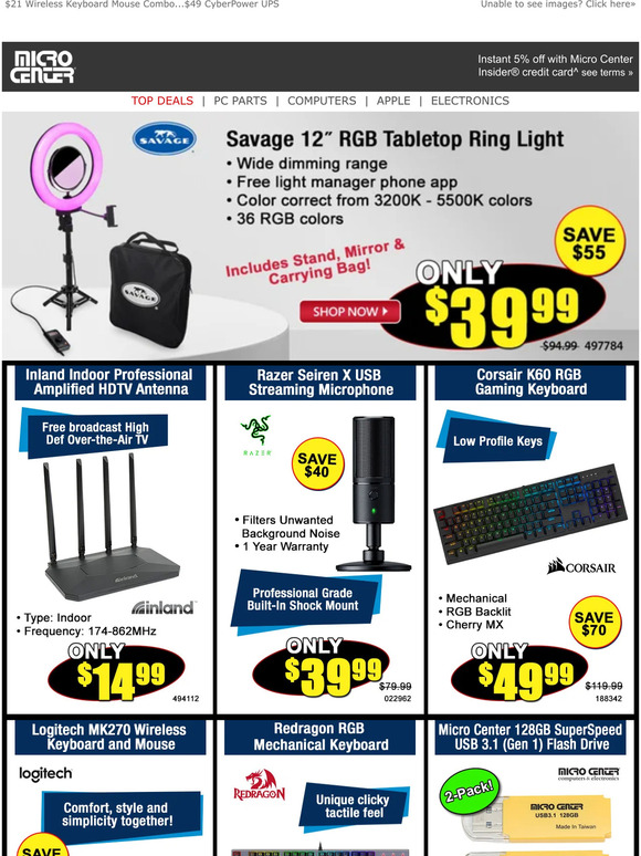 Micro Center: $39 Savage LED Ring Light & Stand Kit! $9 Vivitar RGB Bar ...