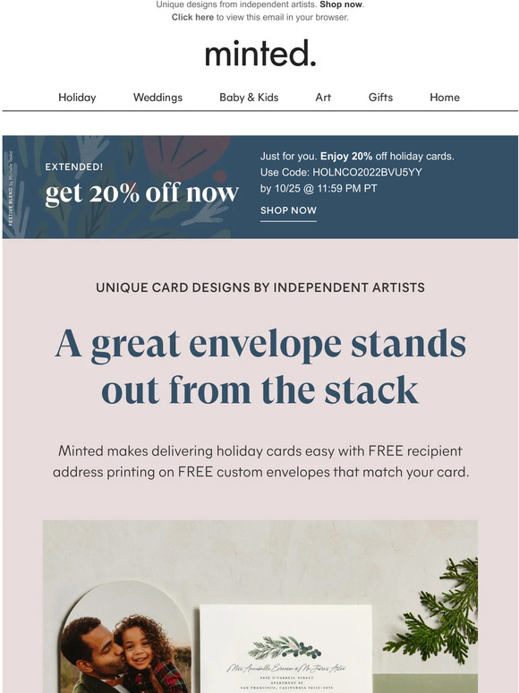 Minted: FREE recipient addressing on FREE custom envelopes. | Milled
