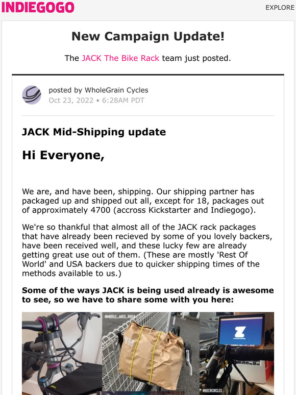 Indiegogo: 📢 Update #14 from JACK The Bike Rack | Milled