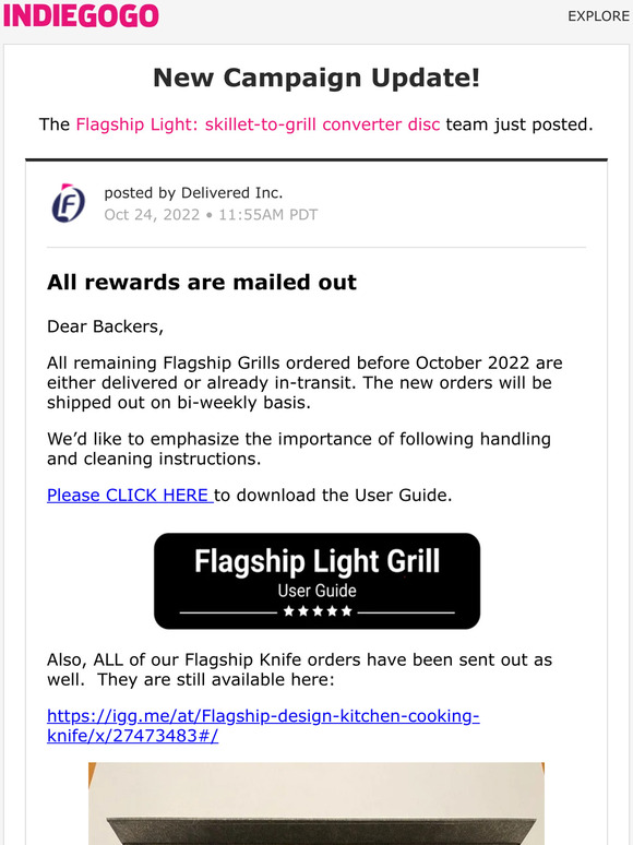 Indiegogo: 📢 Update #10 from Flagship Light: skillet-to-grill converter ...