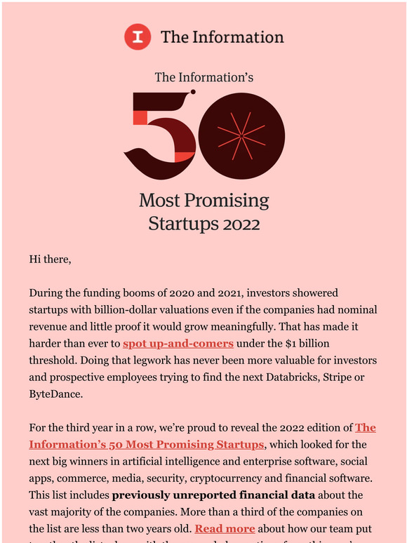 The Information: Introducing The 50 Most Promising Startups of 2022 ...