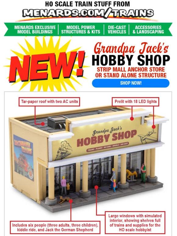 Menards: NEW! HO Scale Grandpa Jack's Hobby Shop! | Milled