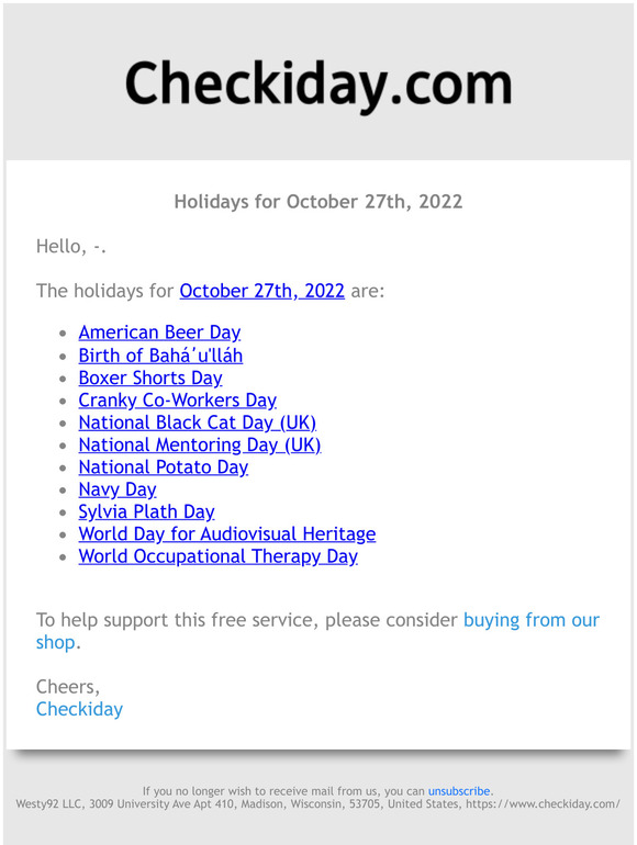 Checkiday: Holidays for October 27th, 2022! 📅🎉 | Milled