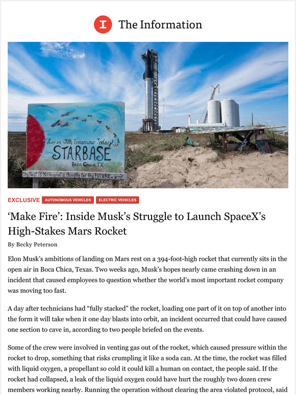 The Information: ‘Make Fire’: Inside Musk’s Struggle to Launch SpaceX’s ...