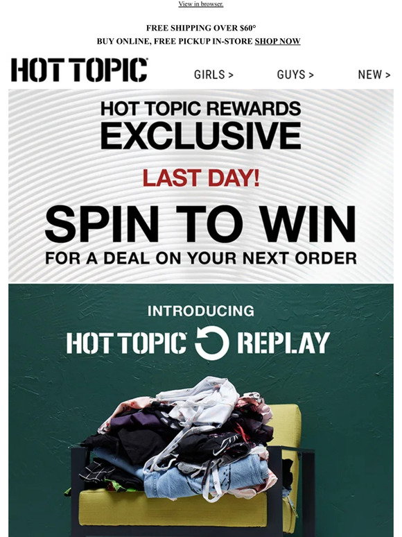 Hot Topic: Spin to Win: Up to 50% Off, BOGO $10 Tees & more. | Milled