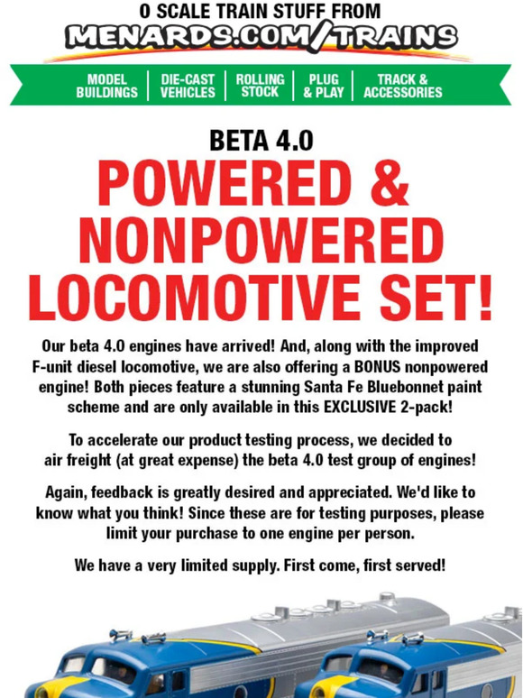Menards: NEW! Beta 4.0 Engine + Nonpowered Locomotive Set! | Milled