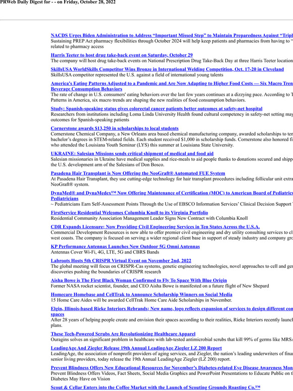PRWeb: PRWeb Daily Digest for — — on Friday, October 28, 2022 | Milled
