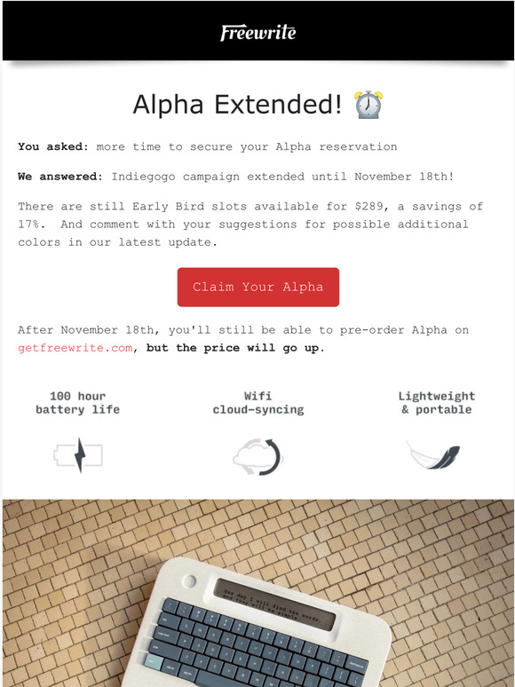 Freewrite: Alpha Campaign EXTENDED! | Milled