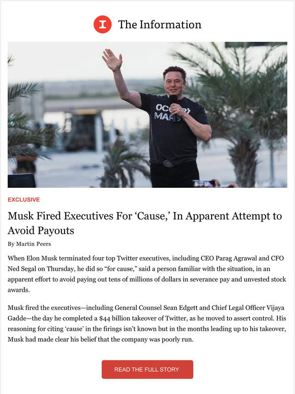 The Information: Exclusive: Musk Fired Executives for 'Cause', In ...