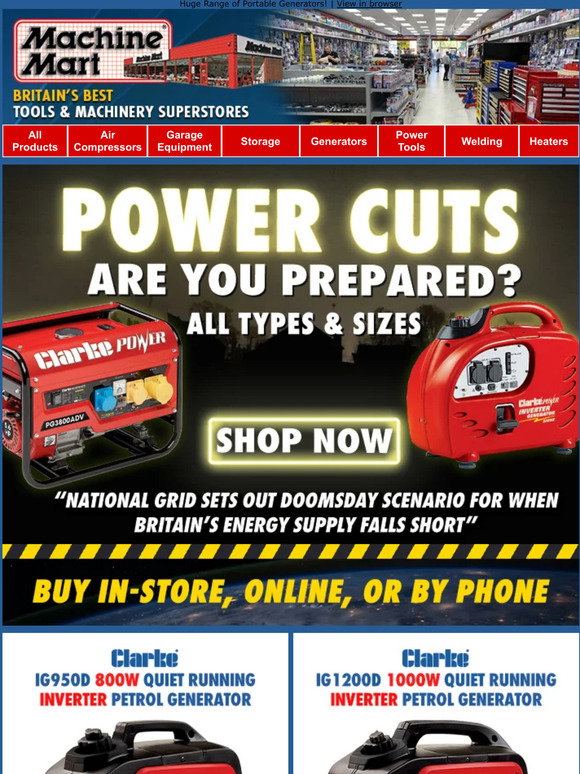Machine Mart: POWER CUTS - Be prepared! Generators, all types and sizes ...