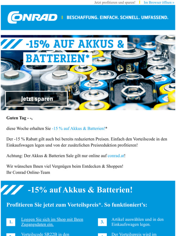 Conrad: ⏳ Nur diese Woche: -15% auf Akkus & Batterien! | Milled