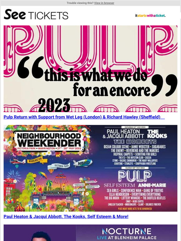 See Tickets: Pulp, Neighbourhood Weekender, Lionel Richie, Bastille and ...