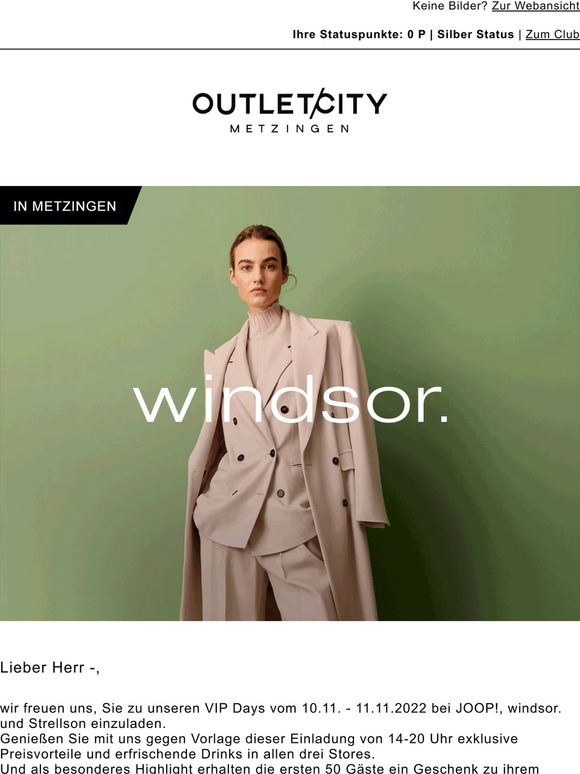 Outletcity: VIP DAYS IN METZINGEN BEI JOOP!, WINDSOR. & STRELLSON | Milled