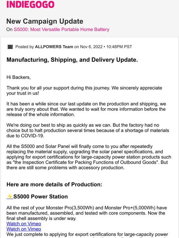 Indiegogo: 📢 Update #10 from S5000: Most Versatile Portable Home Battery | Milled