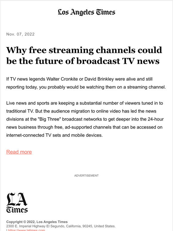 Los Angeles Times: The future of broadcast news is streaming — and free ...