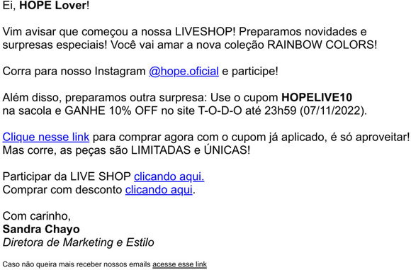 HOPE: 🔔 Clique Aqui! Começou a Live Shop no Insta @hope.oficial | Milled