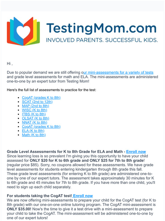 Testing Mom: Enroll assessments for ITBS, CogAT, WISC, NNAT, OLSAT, MAP ...