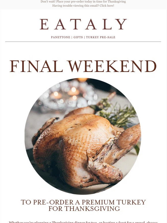 Eataly: Final weekend to pre-order your Thanksgiving turkey! | Milled