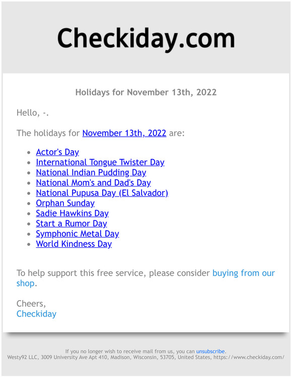 Checkiday: Holidays for November 13th, 2022! 📅🎉 | Milled