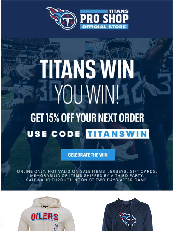 Titans Pro Shop: Celebrate The HUGE Win Against The Broncos With 15% ...