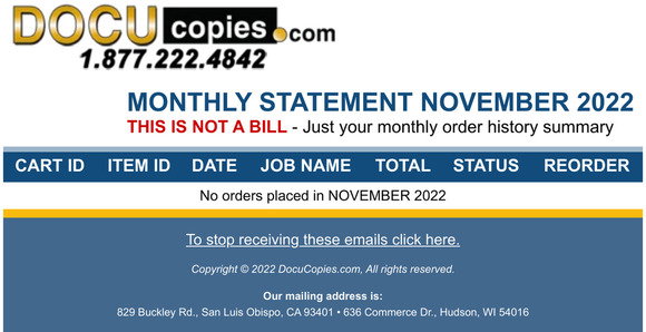 DocuCopies: November 2022 Monthly Statement From DocuCopies.com | Milled
