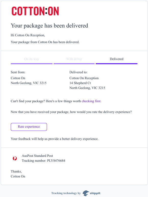Cotton On: Your package has been delivered from Cotton On | Milled