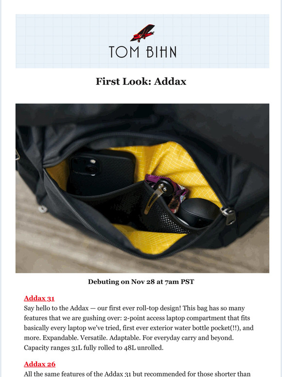 Tom Bihn: New bag alert! First look: Addax | Milled