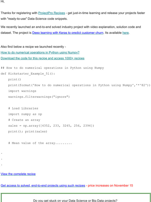 Projectpro 🌟data Science Code Recipe 13 How To Do Numerical Operations In Python Using Numpy